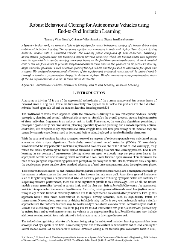 (PDF) Robust Behavioral Cloning for Autonomous Vehicles using End-to-End Imitation Learning