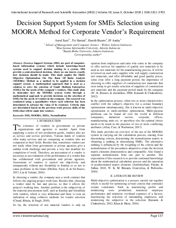 (PDF) Decision support system for SMEs selection using MOORA method for corporate vendor's ...