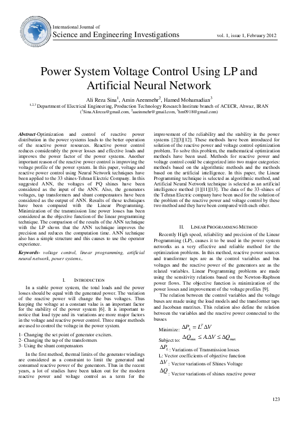 Pdf Power System Voltage Control Using Lp And Artificial Neural Network