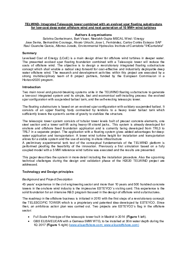 (PDF) TELWIND-Integrated Telescopic tower combined with an evolved spar ...
