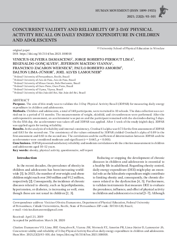 (PDF) Concurrent validity and reliability of 3-day physical activity ...