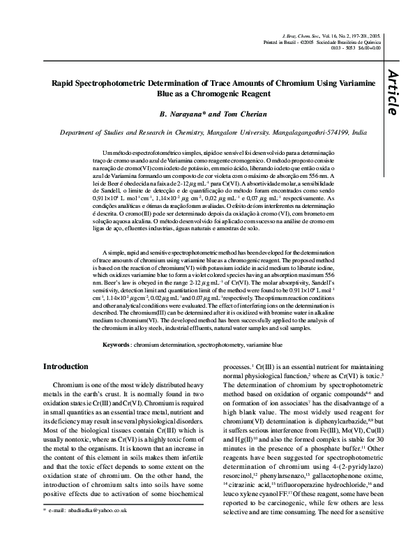 Pdf Rapid Spectrophotometric Determination Of Trace Amounts Of Chromium Using Variamine Blue
