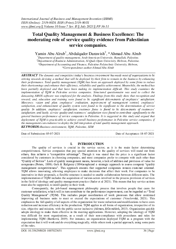 (PDF) Total Quality Management & Business Excellence: The moderating role of service quality ...
