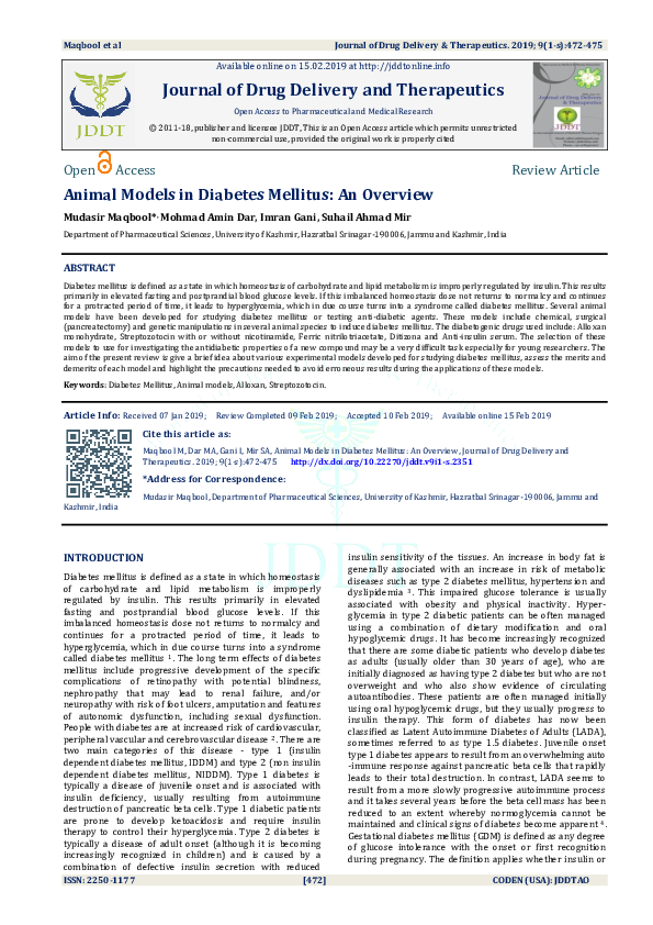 (PDF) Animal Models in Diabetes Mellitus: An Overview