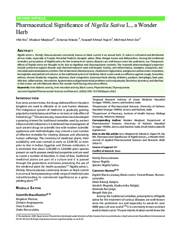 (PDF) Pharmaceutical Significance of Nigella Sativa L., a Wonder Herb