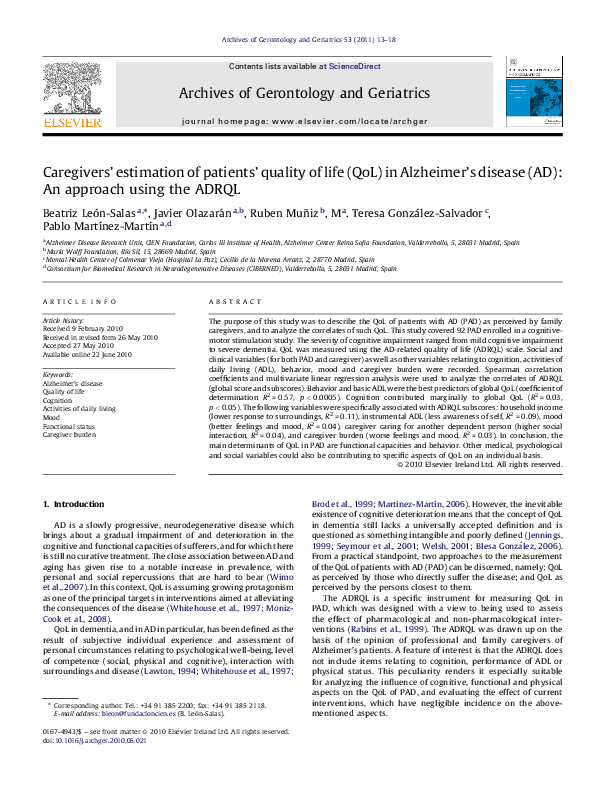 (PDF) Caregivers’ estimation of patients’ quality of life (QoL) in Alzheimer's disease (AD): An ...
