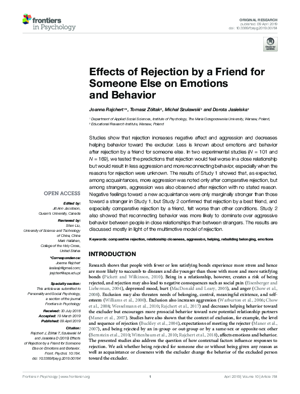 (PDF) Effects of Rejection by a Friend for Someone Else on Emotions and ...