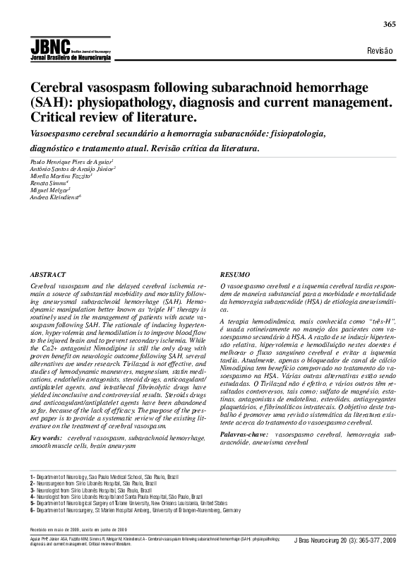 (PDF) Cerebral vasospasm following subarachnoid hemorrhage ( SAH ) : physiopathology , diagnosis ...