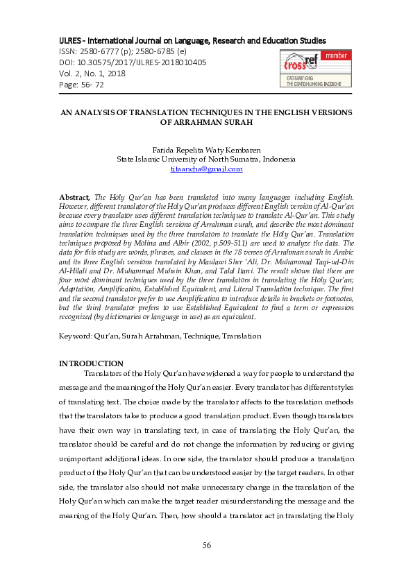 (PDF) An Analysis of Translation Techniques in the English Version of ...
