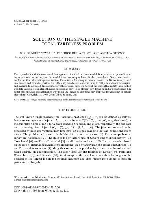 (PDF) Solution of the single machine total tardiness problem