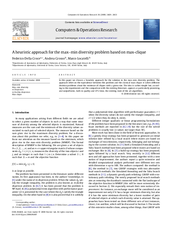 (PDF) A heuristic approach for the max–min diversity problem based on ...