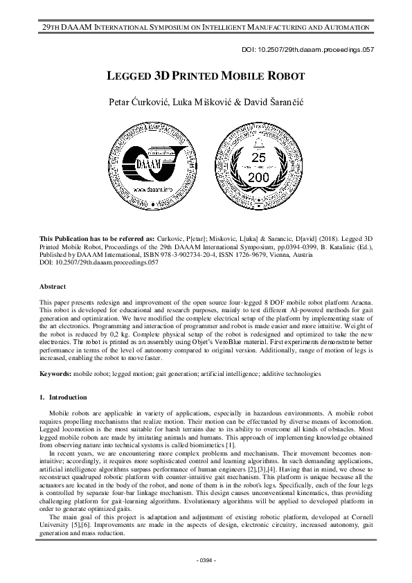 (PDF) Legged 3D Printed Mobile Robot (PDF) Legged 3D Printed Mobile Robot