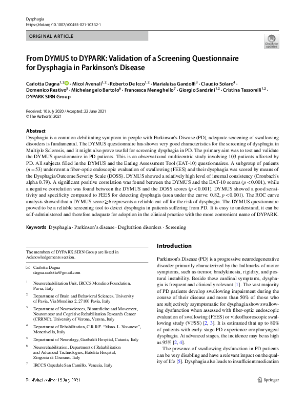 (PDF) From DYMUS to DYPARK: Validation of a Screening Questionnaire for ...