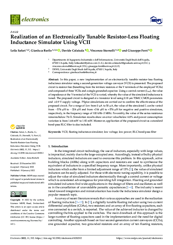 (PDF) Realization of an Electronically Tunable Resistor-Less Floating Inductance Simulator Using ...