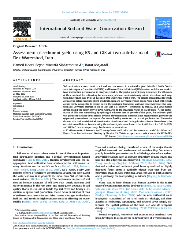 Pdf Assessment Of Sediment Yield Using Rs And Gis At Two Sub Basins Of Dez Watershed Iran