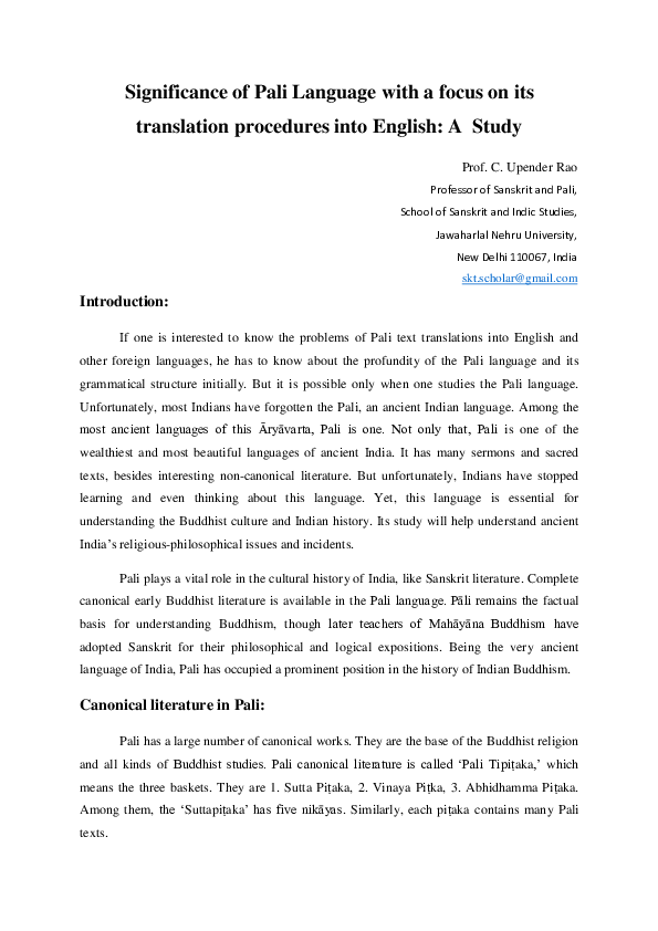 (PDF) Significance of Pali Language with a focus on its translation ...