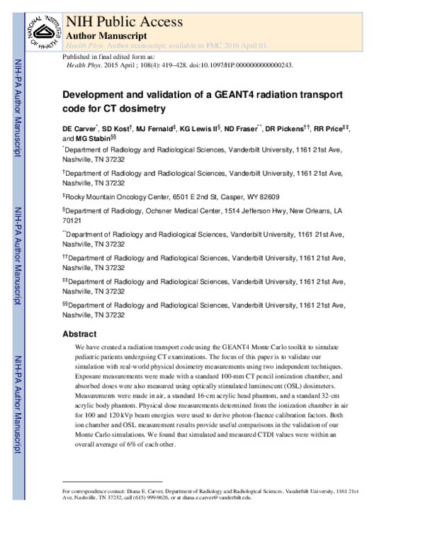 (PDF) Development and Validation of a GEANT4 Radiation Transport Code for CT Dosimetry