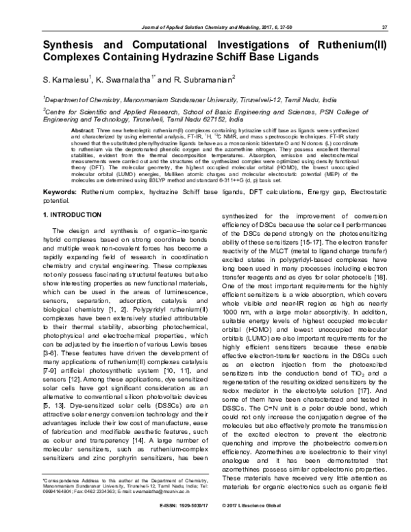 (PDF) Synthesis and Computational Investigations of Ruthenium(II) Complexes Containing Hydrazine ...