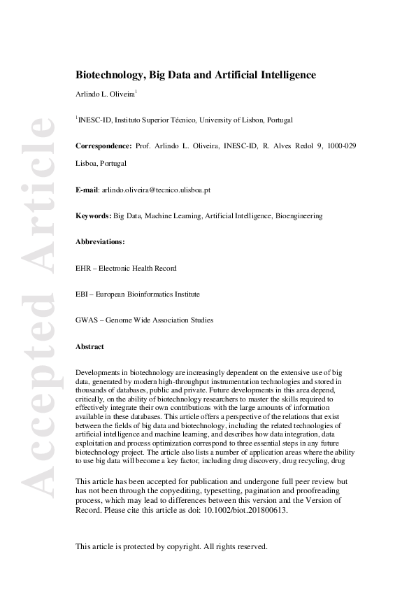 (PDF) Biotechnology, Big Data and Artificial Intelligence