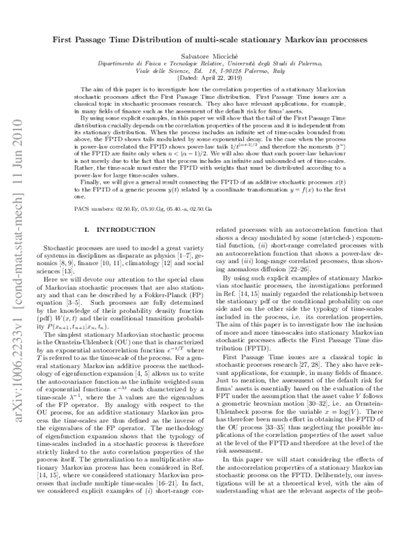 (PDF) First passage time distribution of stationary Markovian processes