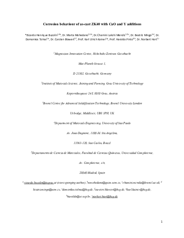 (PDF) Corrosion behaviour of as-cast ZK40 with CaO and Y additions