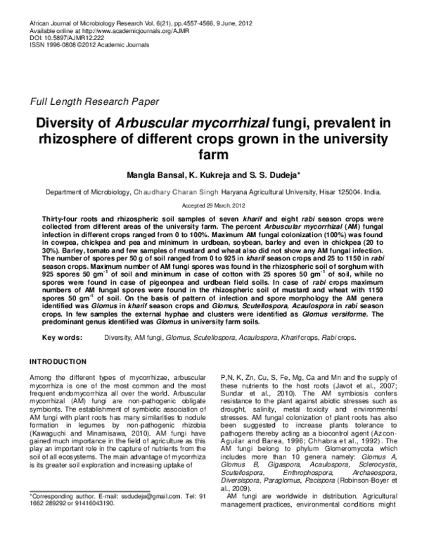 (PDF) Diversity of Arbuscular mycorrhizal fungi, prevalent in rhizosphere of different crops ...
