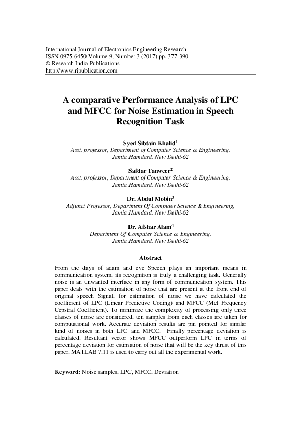 (PDF) A comparative Performance Analysis of LPC and MFCC for Noise Estimation in Speech ...