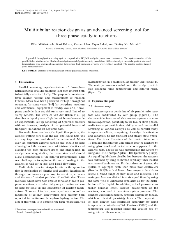 (PDF) Multitubular reactor design as an advanced screening tool for ...