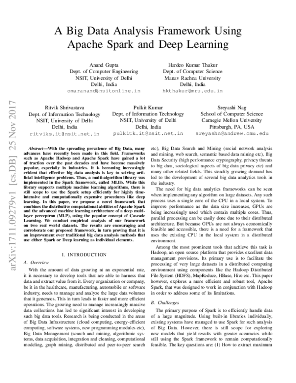 Pdf A Big Data Analysis Framework Using Apache Spark And Deep Learning