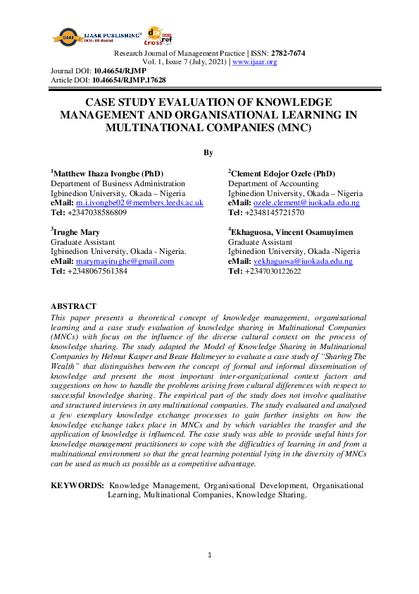 (PDF) CASE STUDY EVALUATION OF KNOWLEDGE MANAGEMENT AND ORGANISATIONAL ...