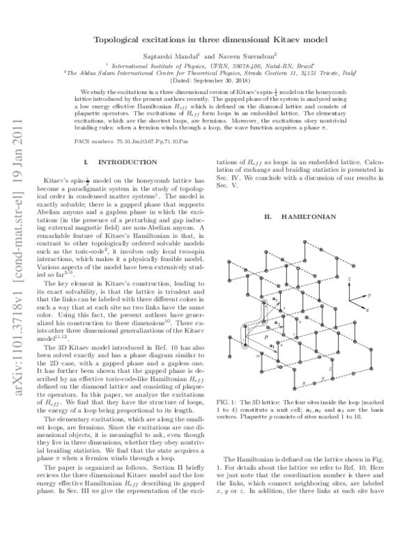 (PDF) Topological excitations in three dimensional Kitaev model