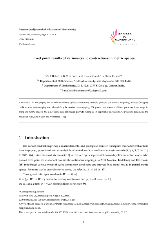 Pdf Fixed Point Results Of Various Cyclic Contractions In Metric