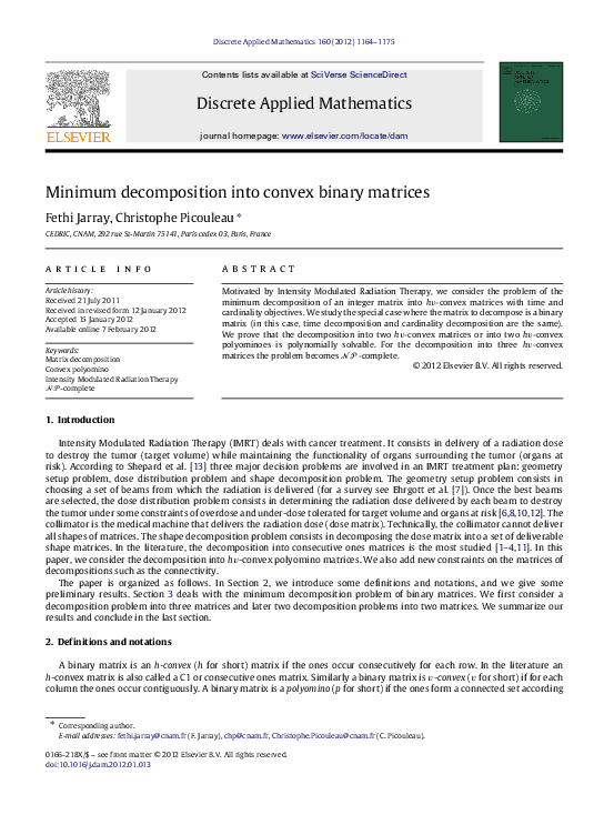 (PDF) Minimum decomposition into convex binary matrices | fethi jarray - Academia.edu