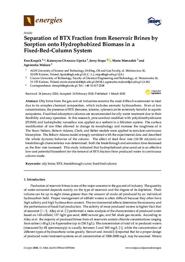 (PDF) Separation of BTX Fraction from Reservoir Brines by Sorption onto ...