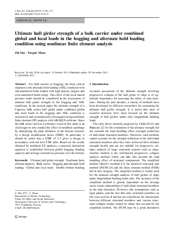 (PDF) Ultimate hull girder strength of a bulk carrier under combined ...