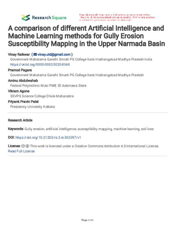 Pdf A Comparison Of Different Artificial Intelligence And Machine Learning Methods For Gully