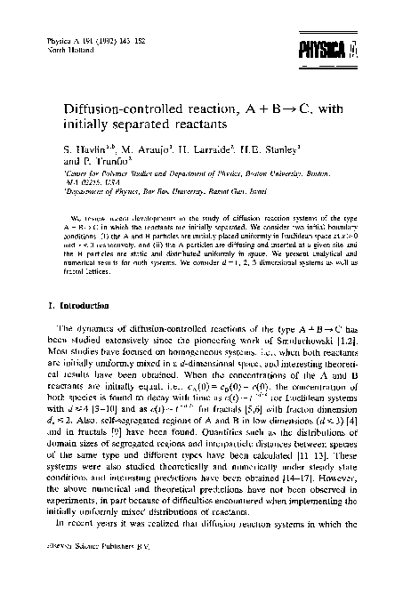 (PDF) Diffusion-controlled reaction, A+B→C, with initially separated reactants
