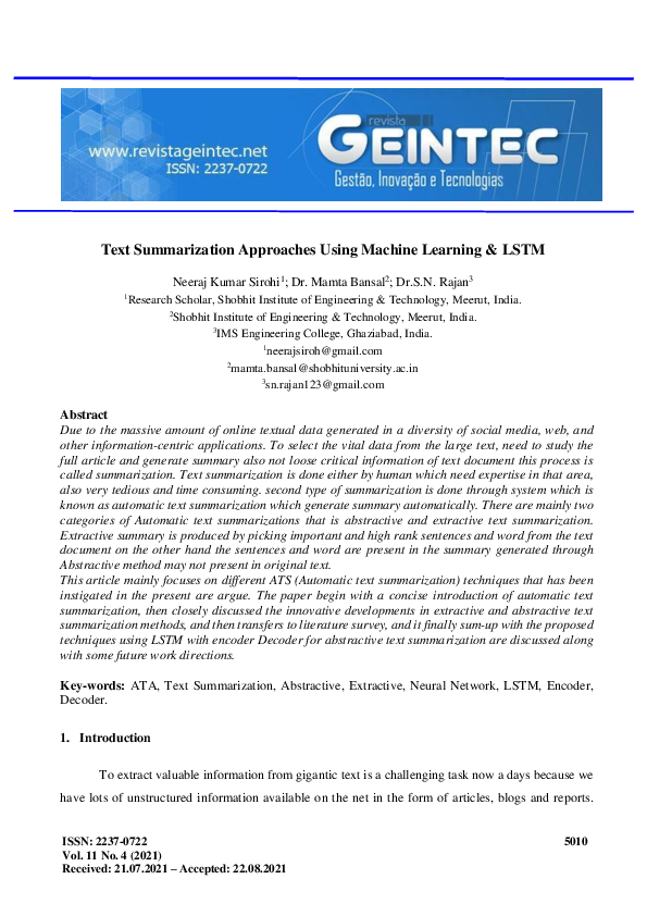 Pdf Text Summarization Approaches Using Machine Learning And Lstm