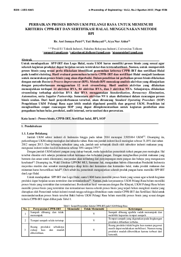 (PDF) Perbaikan Proses Bisnis Ukm Pelangi Rasa Untuk Memenuhi Kriteria Cppb-irt Dan Sertifikasi ...