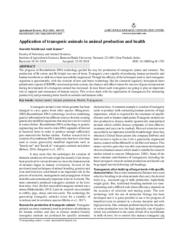 (PDF) Application of transgenic animals in animal production and health