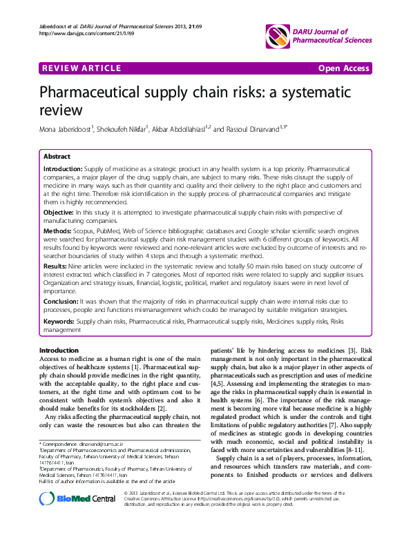 (PDF) Pharmaceutical supply chain risks: a systematic review