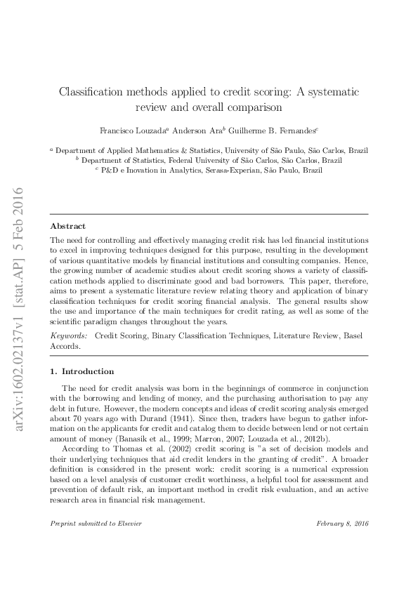 (PDF) Classification methods applied to credit scoring: Systematic ...