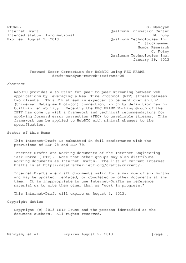 (PDF) Forward Error Correction for Webrtc Using Fec Frame Draft-mandyam-rtcweb-fecframe-00