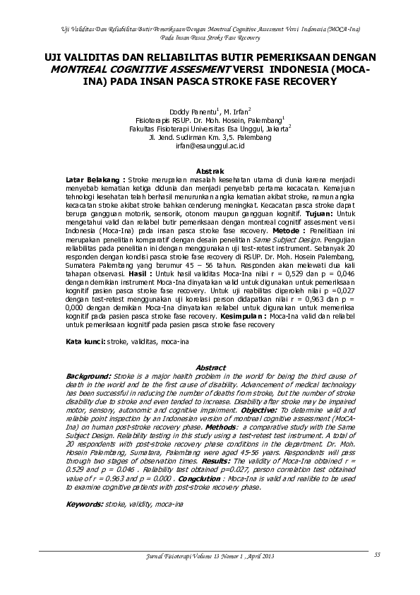(PDF) Uji Validitas Dan Reliabilitas Butir Pemeriksaan Dengan Montreal ...