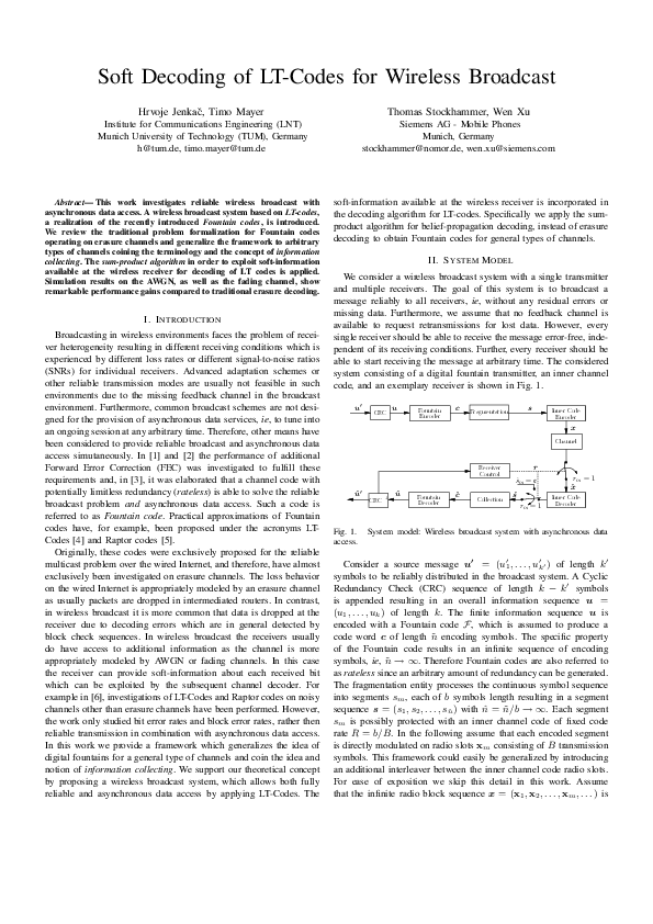 (PDF) Soft decoding of LT-codes for wireless broadcast