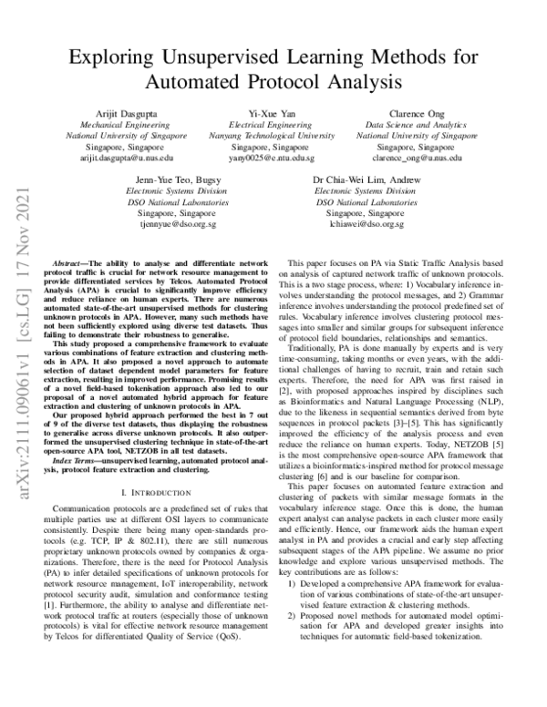 (PDF) Exploring Unsupervised Learning Methods for Automated Protocol Analysis | Clarence Ong ...
