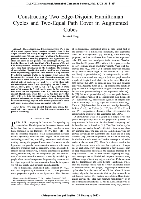 (PDF) Constructing Two Edge-Disjoint Hamiltonian Cycles and Two-Equal Path Cover in Augmented Cubes