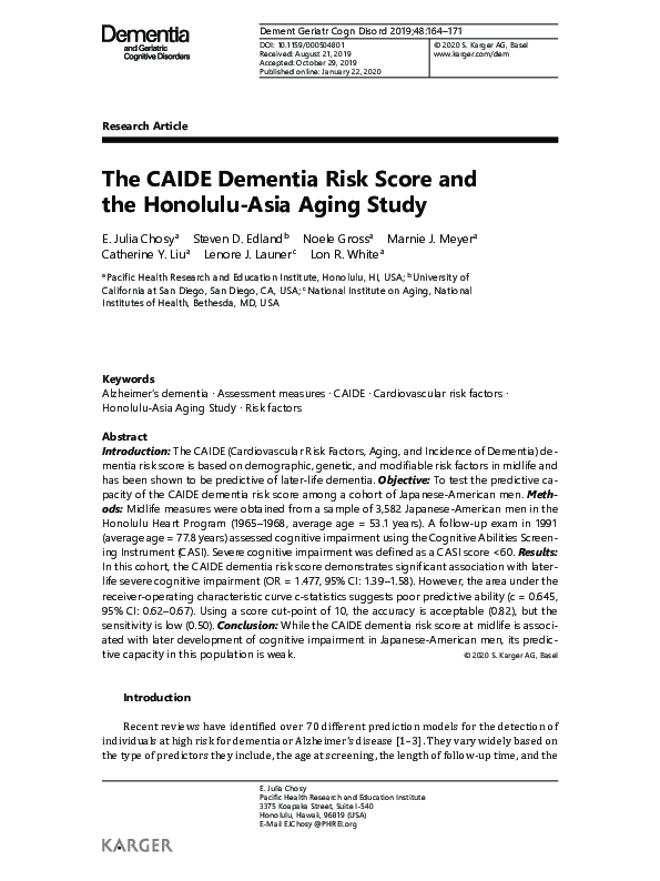 (PDF) The CAIDE Dementia Risk Score and the Honolulu-Asia Aging Study