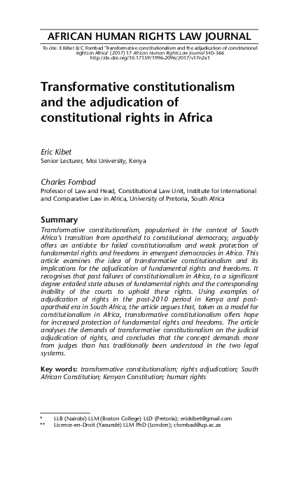 (PDF) Transformative constitutionalism and the adjudication of constitutional rights in Africa