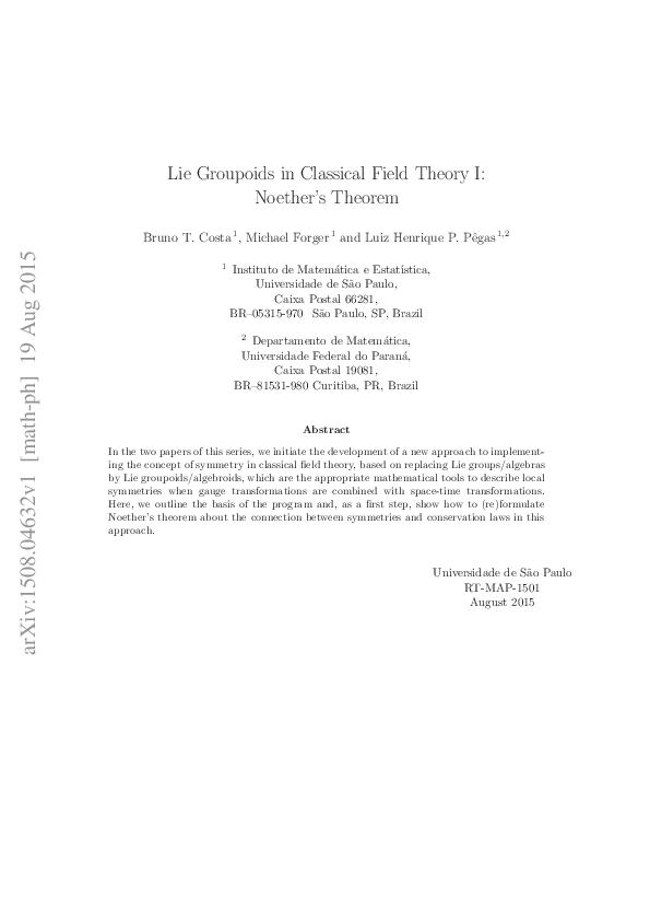 (PDF) Lie Groupoids in Classical Field Theory I: Noether's Theorem